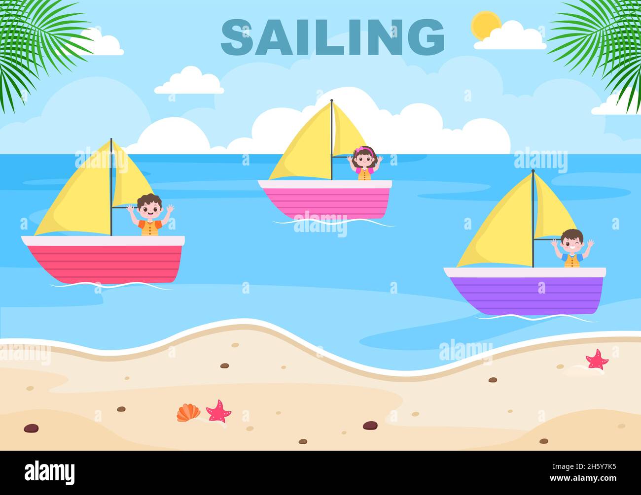Kids Cartoon Sailing Boat with Sea or Lake View Background Vector ...