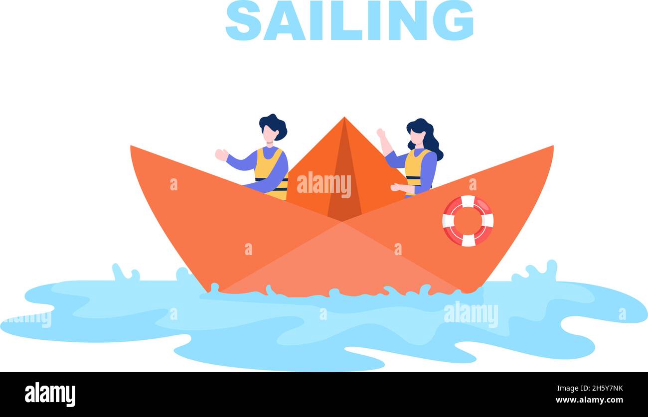 Cartoon Sailing Boat with Sea or Lake View Background Vector ...