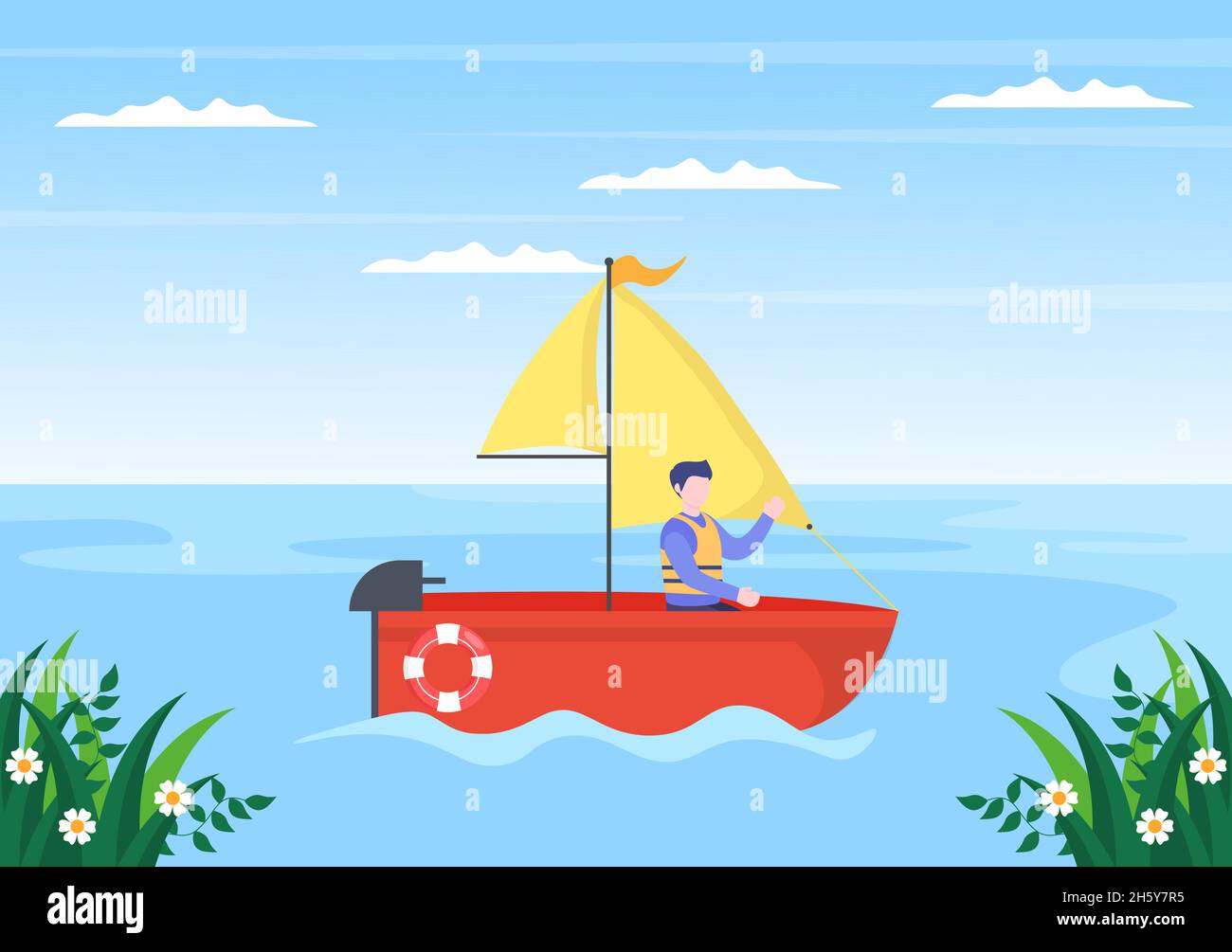Cartoon Sailing Boat with Sea or Lake View Background Vector ...