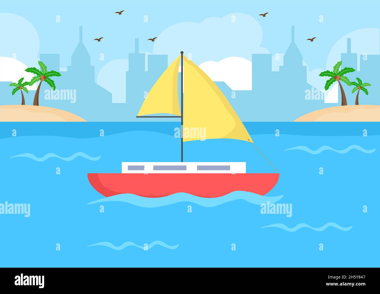 Cartoon Sailing Boat with Sea or Lake View Background Vector ...