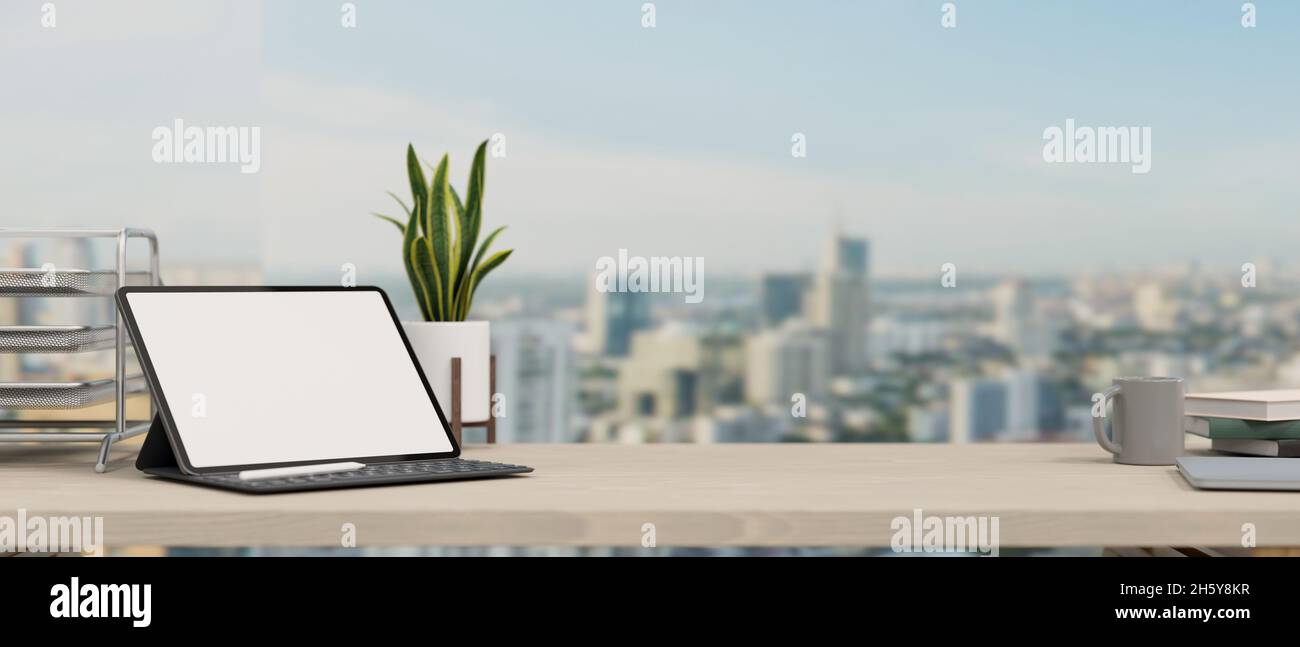 Executive office desk , close-up, tablet blank screen mockup, office ...