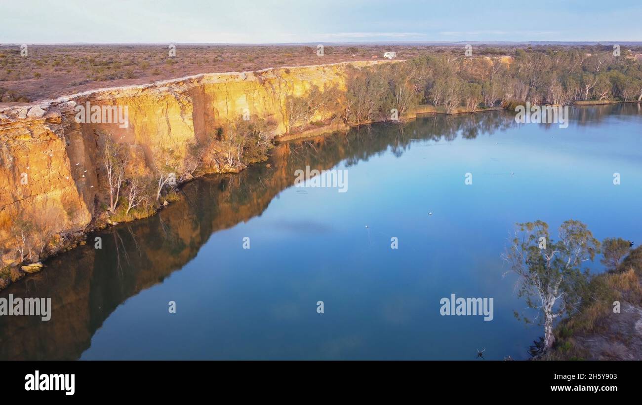 aerial view of the murray river and a flock of cockatoos at big bend ...