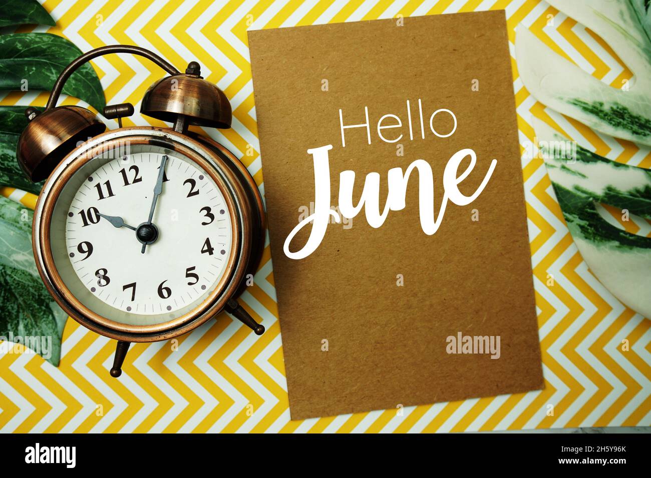 Hello June typography text on paper card with alarm clock and Monstera ...