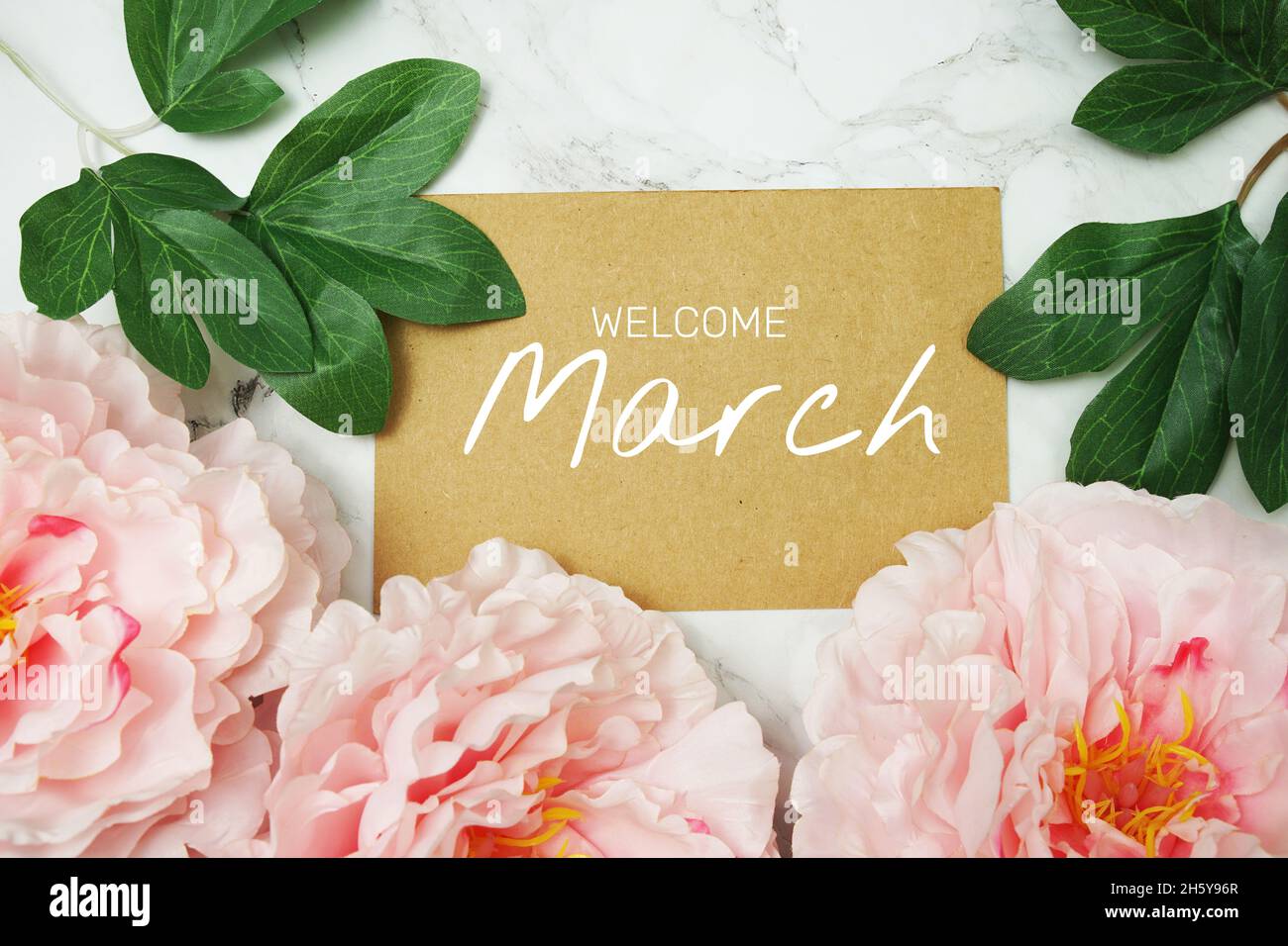 Welcome March typography text with peony flowers on marble background ...