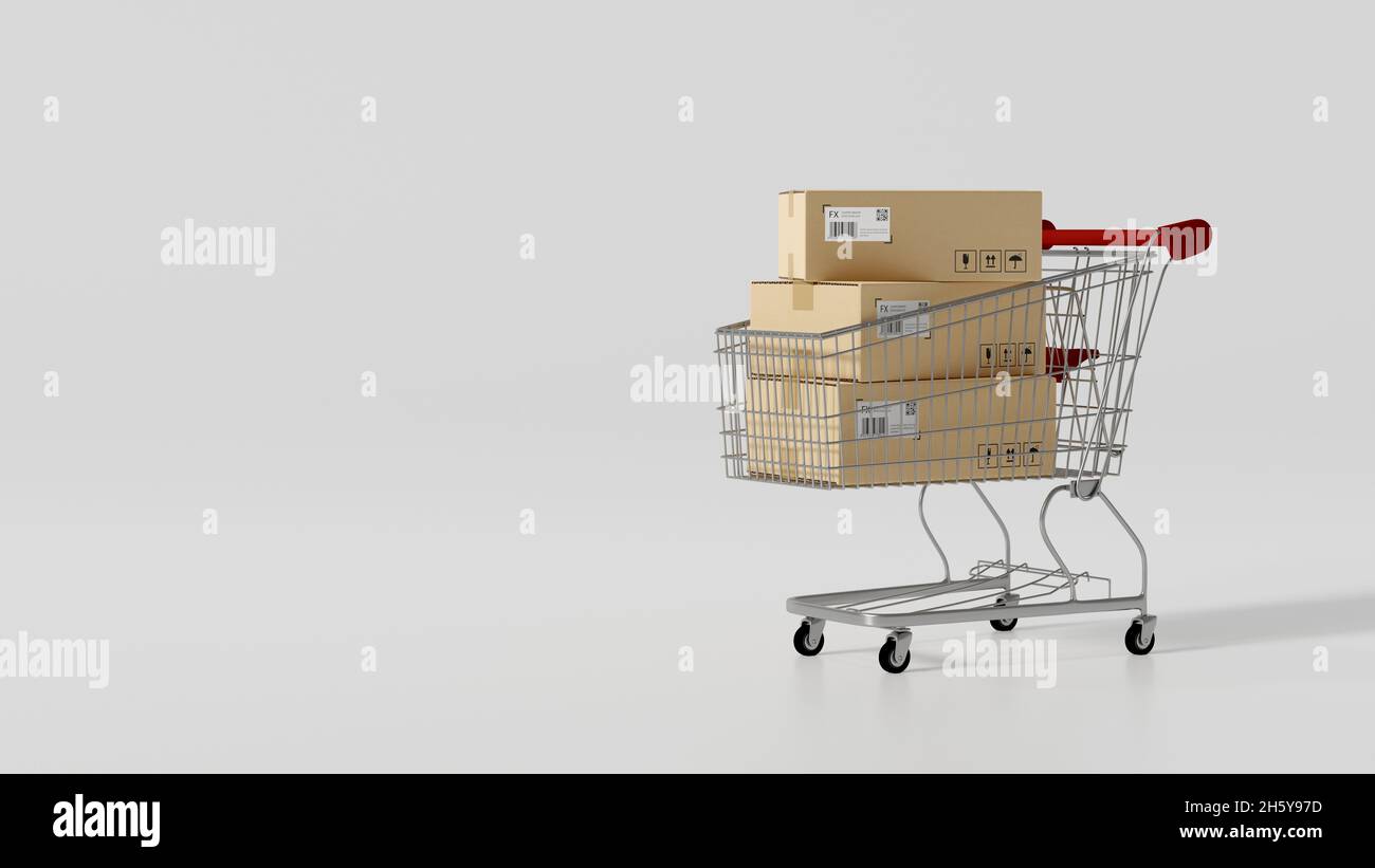 Cardboard parcel boxes in shopping cart with copy space for your brands ...