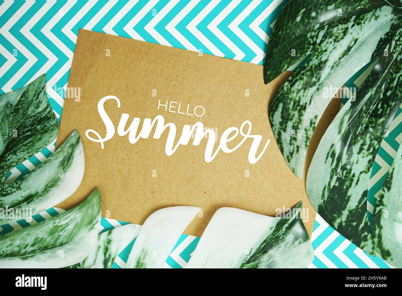Hello Summer typography text with Monstera Leave on marble background ...
