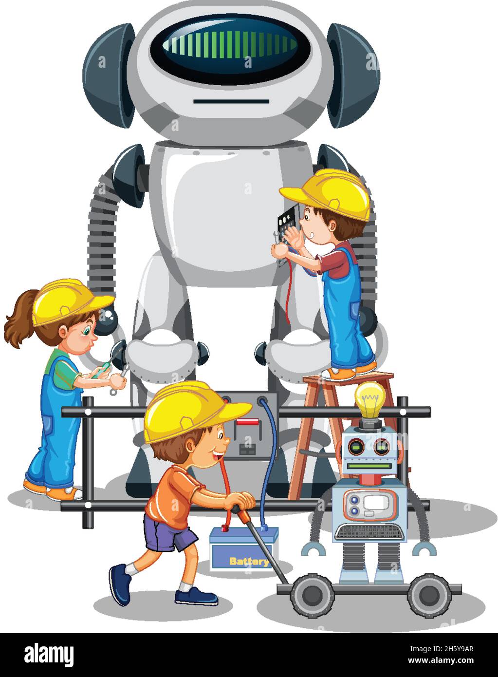 Children building robot together on white background illustration Stock ...