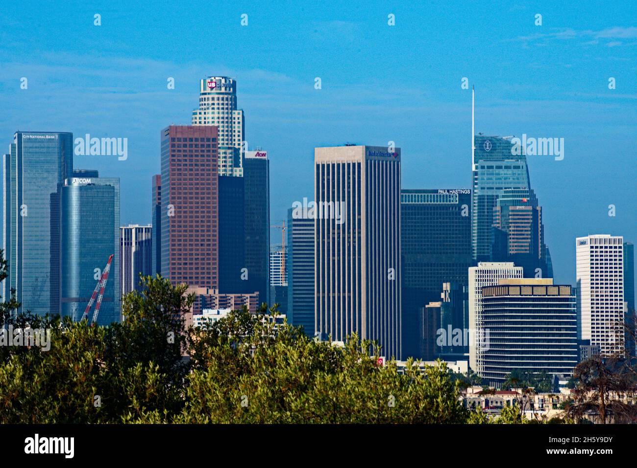Colorful cityscape focusing on high rise buildings of Los Angeles ...