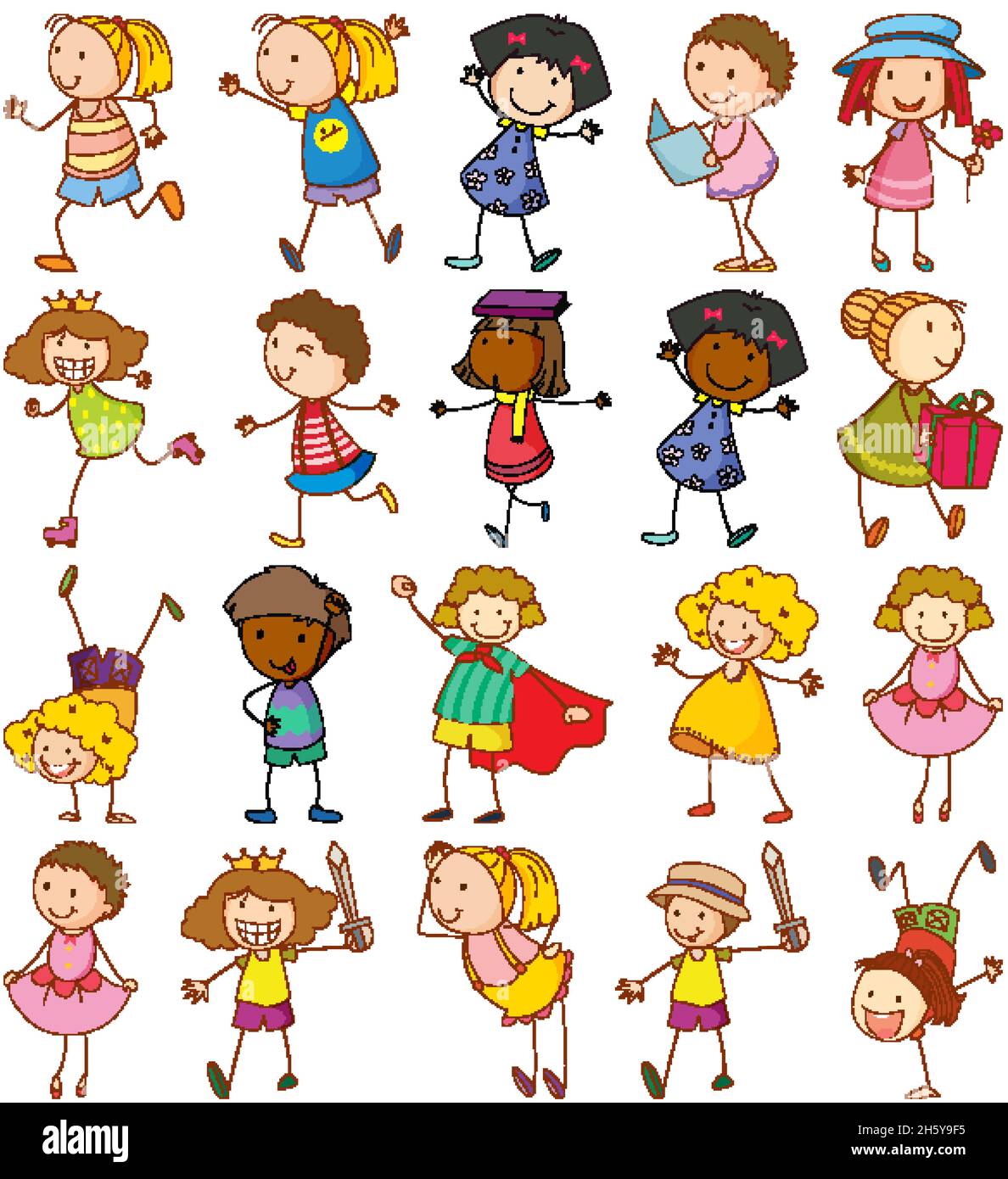 Set of different doodle kids cartoon character illustration Stock ...