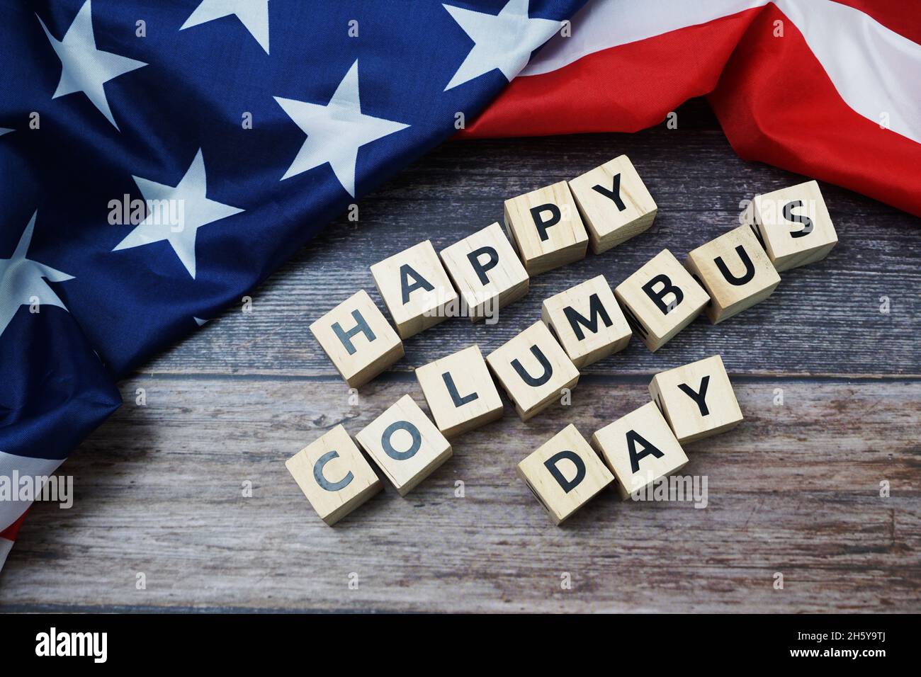 Happy Columbus day Word alphabet letters with USA flag on wooden ...