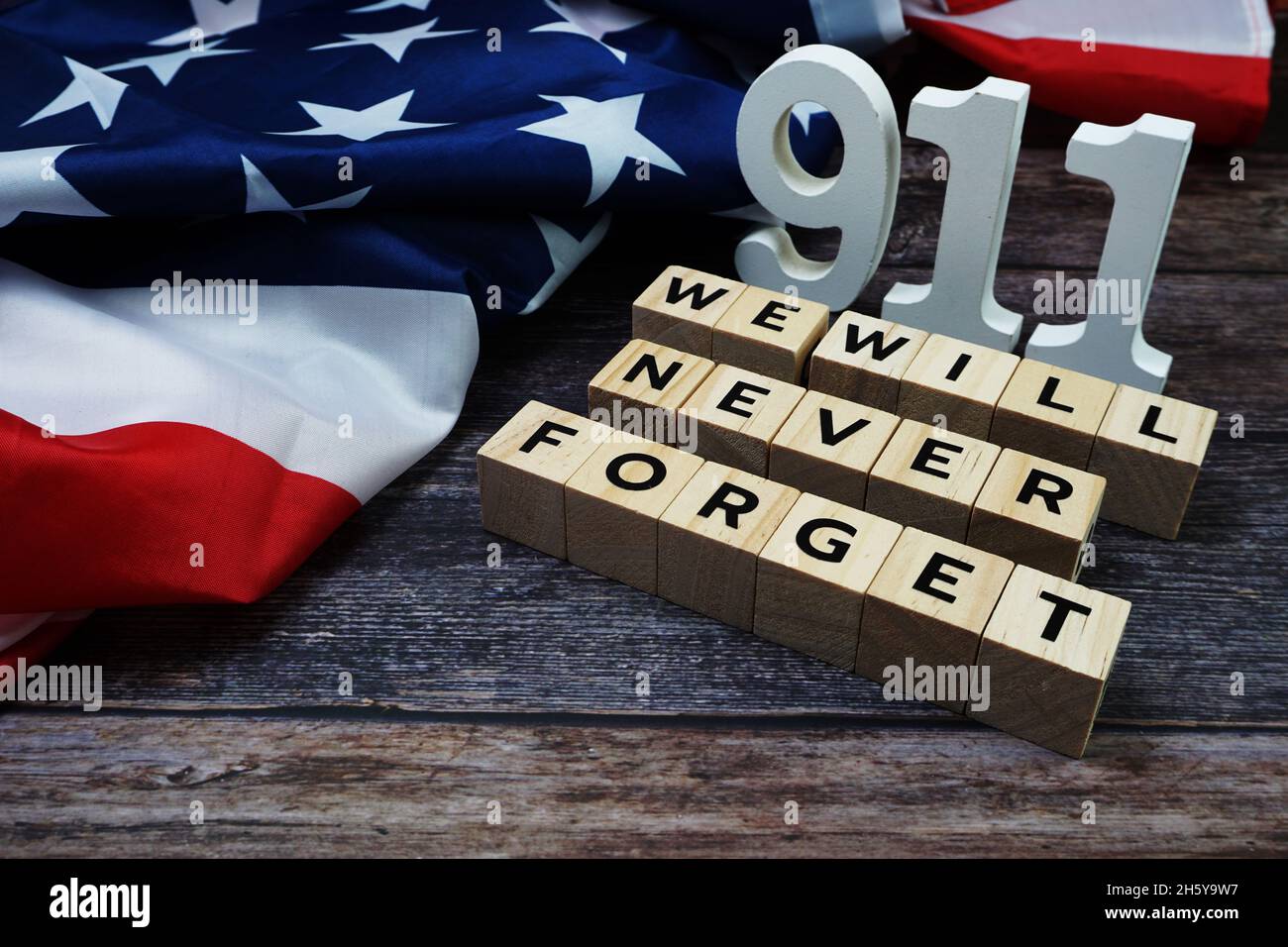 911 We will Never Forget alphabet letters with USA Flag on wooden ...