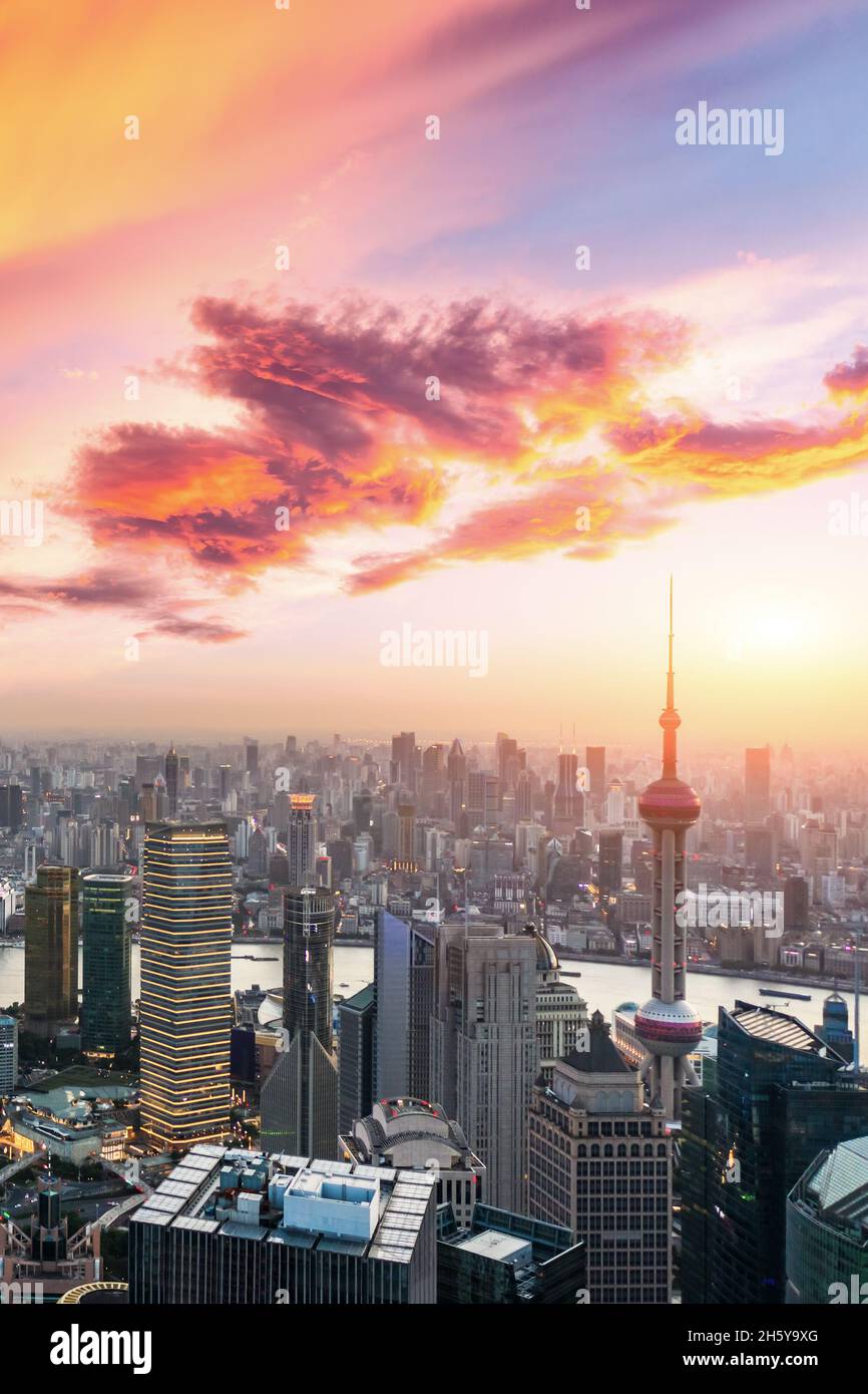Aerial view of Shanghai skyline and cityscape at sunset,China Stock ...