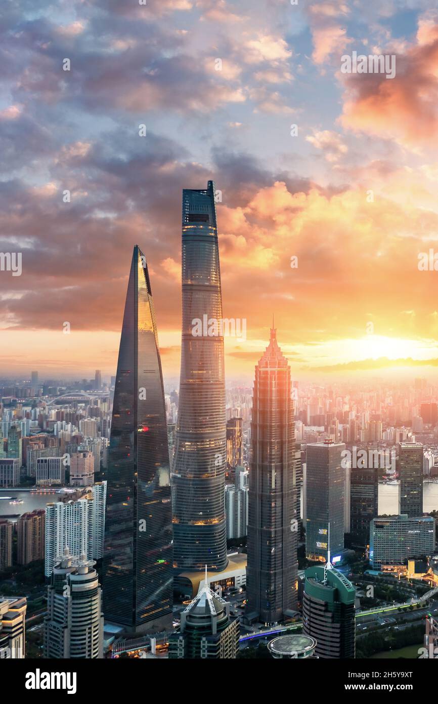 Aerial view of Shanghai skyline and cityscape at sunset,China Stock ...