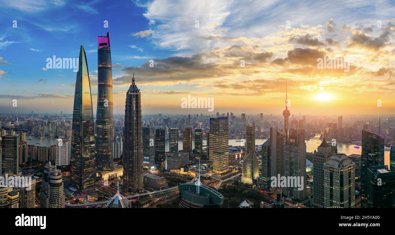 Aerial view of Shanghai skyline and cityscape at sunset,China Stock ...