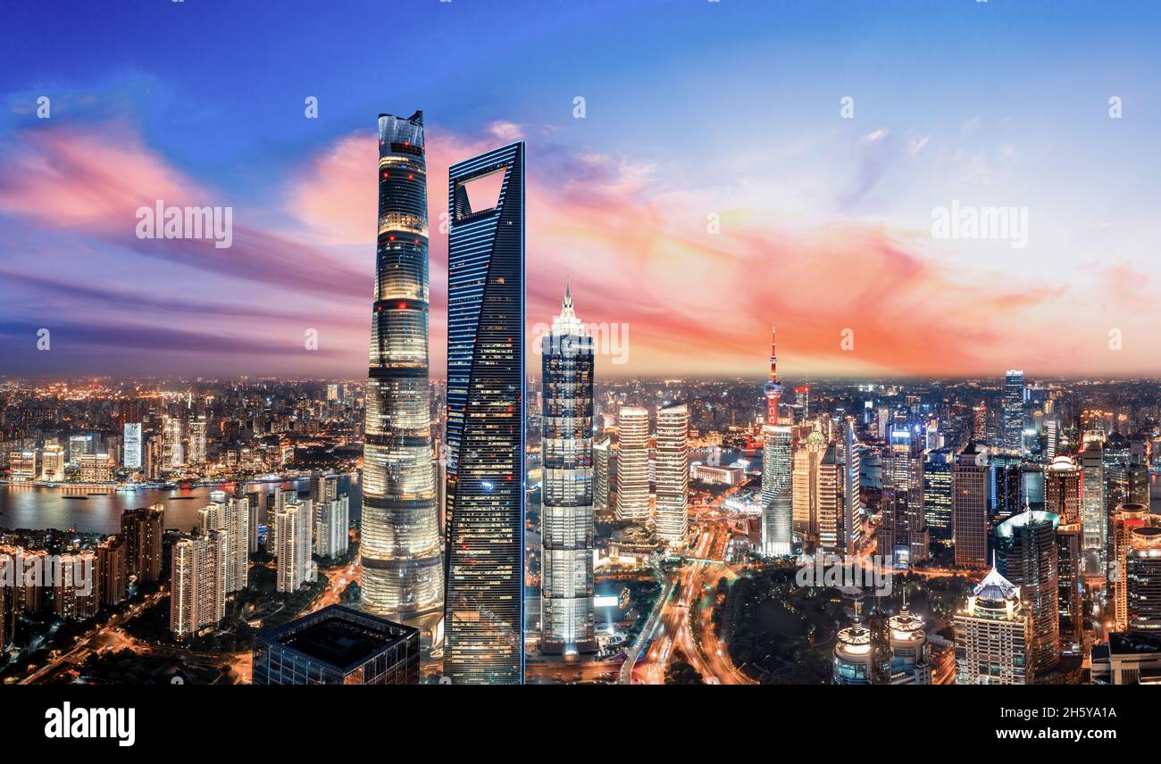 Aerial view of Shanghai skyline and cityscape at night,China Stock ...