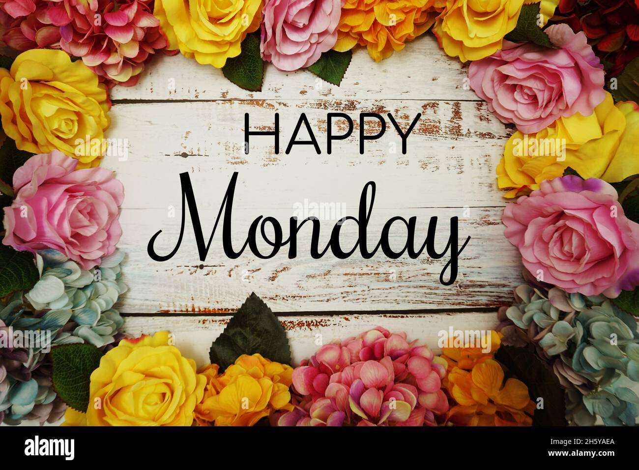 Happy Monday text and Flowers Colorful Border Frame on wooden ...