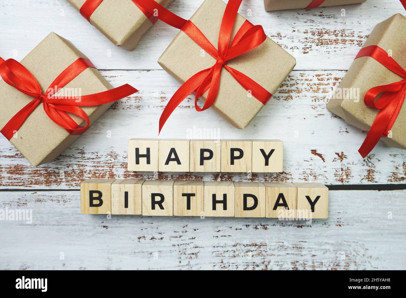 Happy Birthday alphabet letter and gift boxes Stock Photo - Alamy