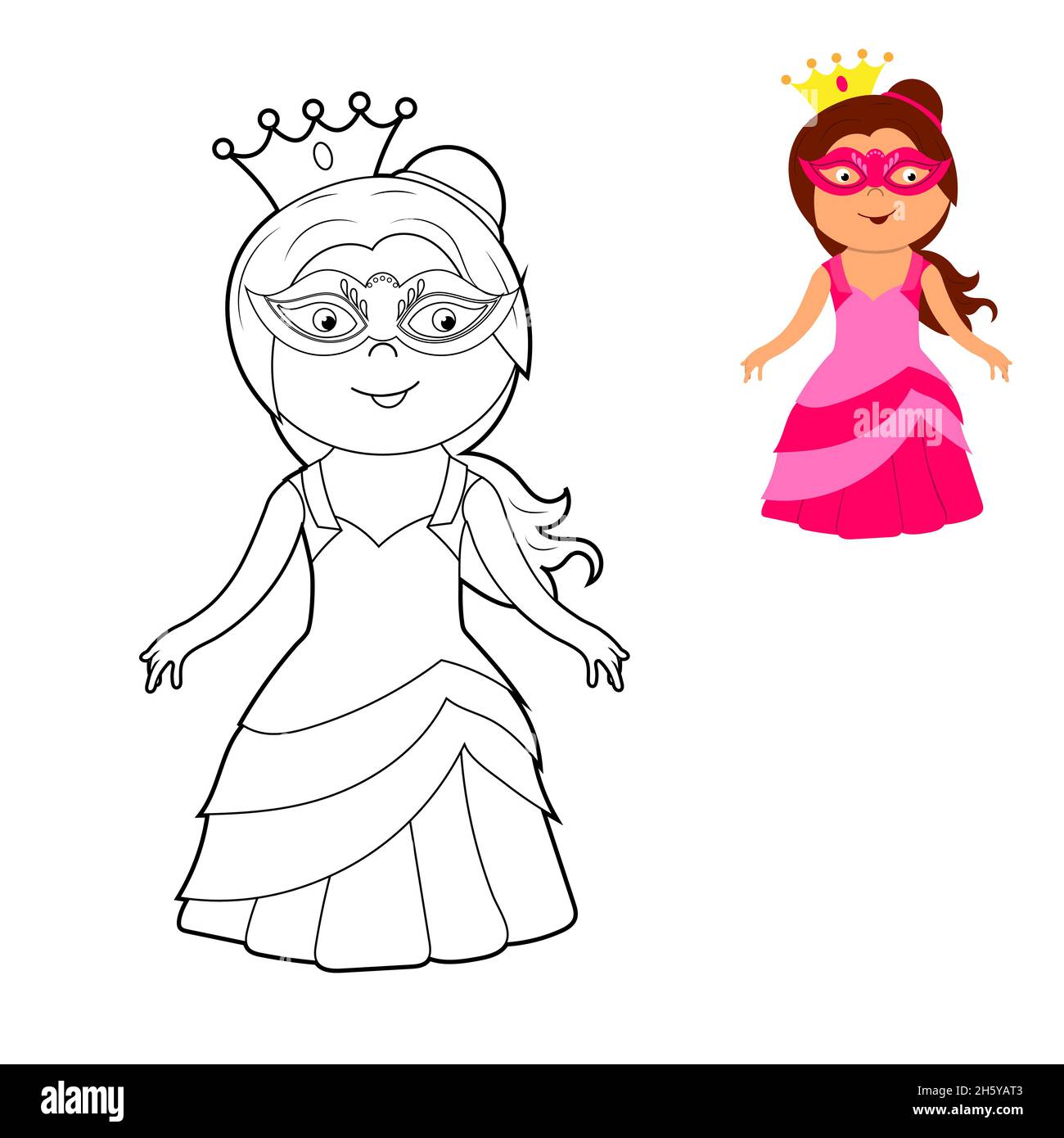 a coloring book, a cute princess in a dress, a mask and a crown. vector ...