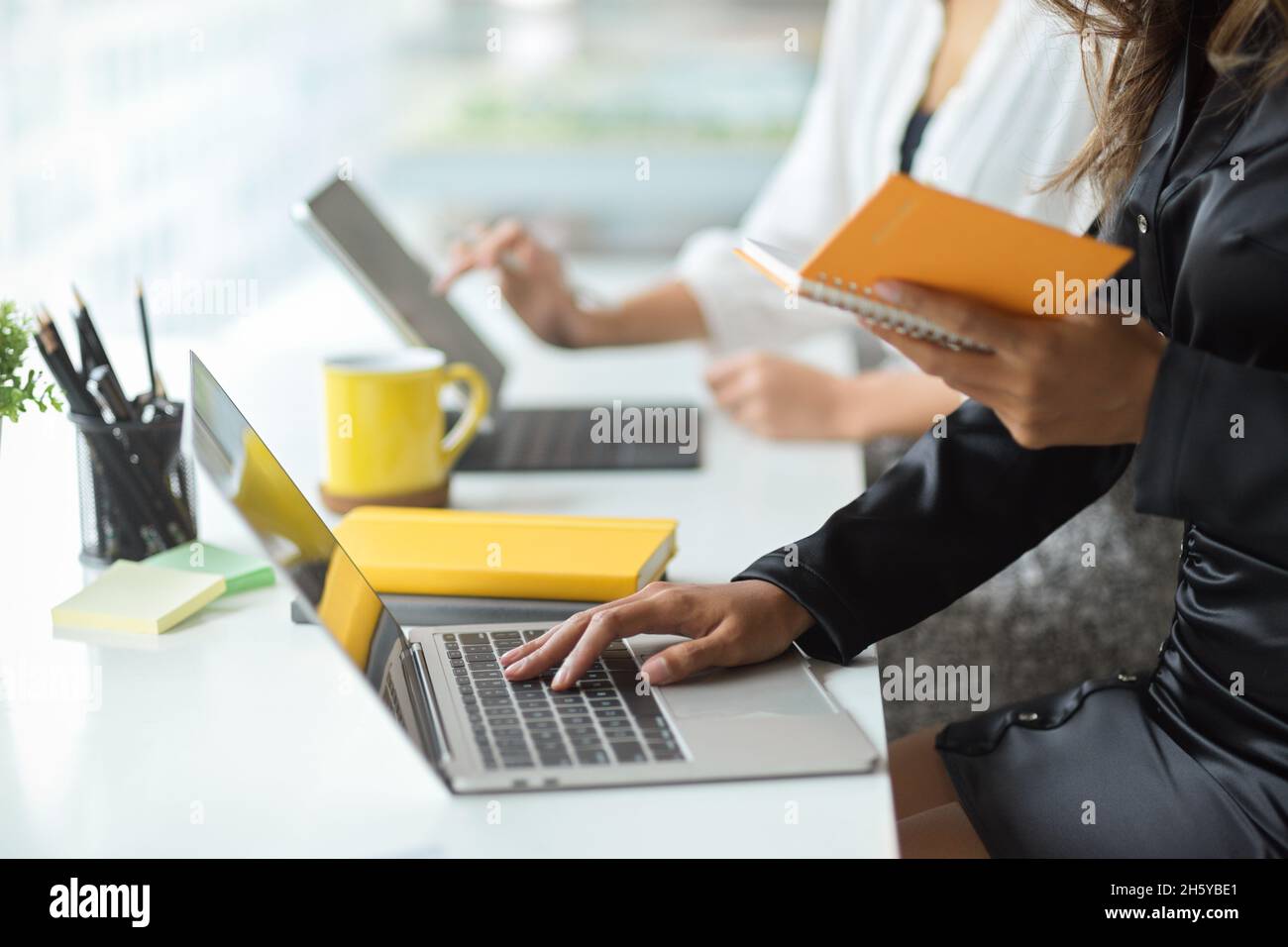 Businesspeople working on their laptop computer, managing their work in ...