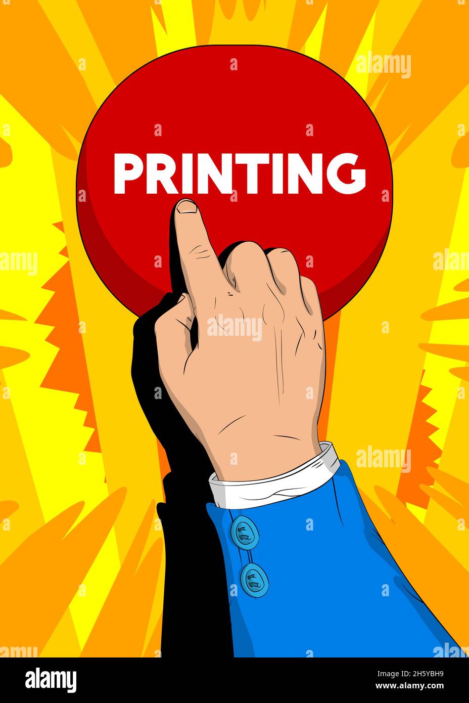 Businessman pushing Printing button with his index finger. Comic book ...