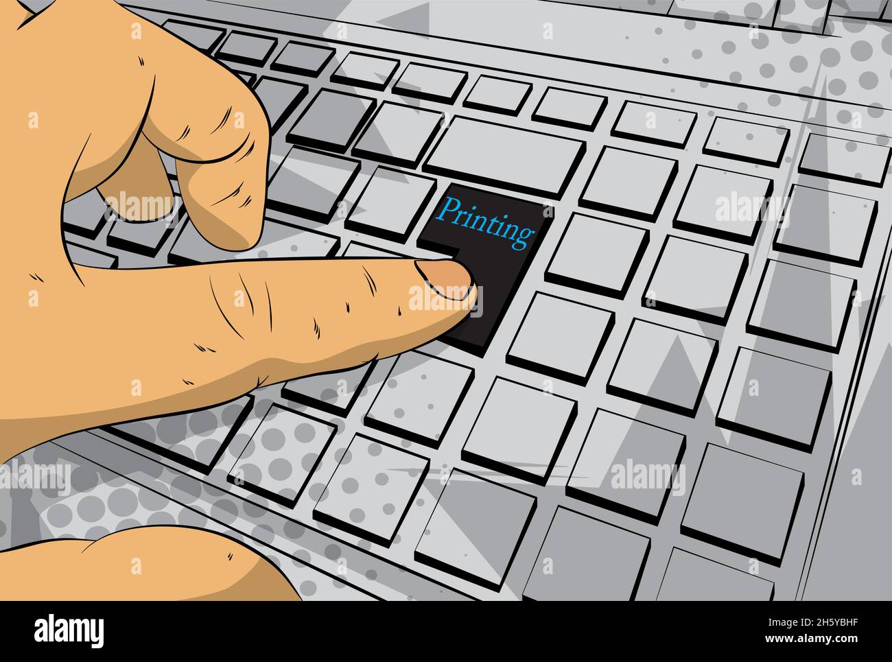Printing word on computer keyboard. Man push keypad on laptop. Comic book style concept. Print ...
