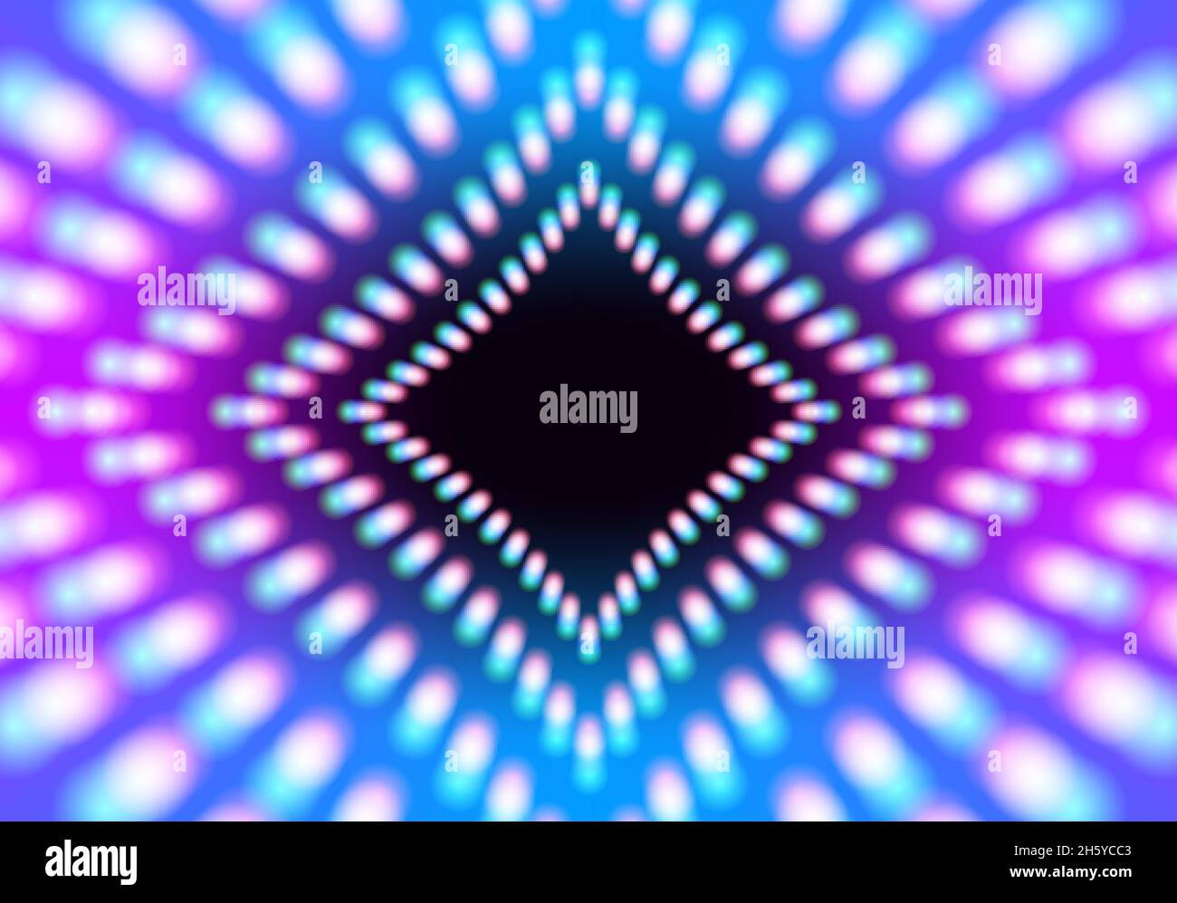 Abstract neon square with grid of glowing lights on the blue background ...