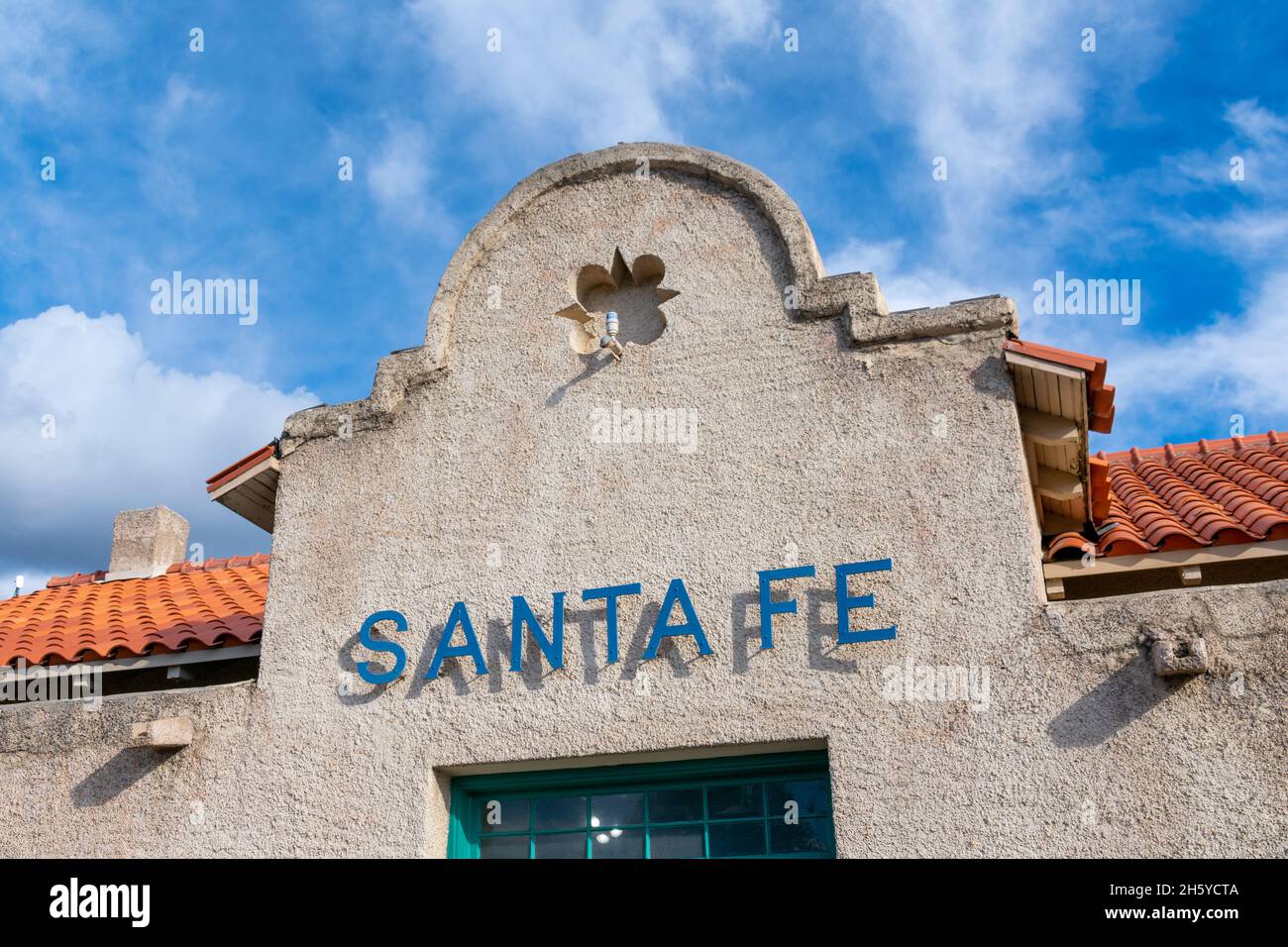 Santa Fe sign on depot of Rail Runner Express commuter rail station ...