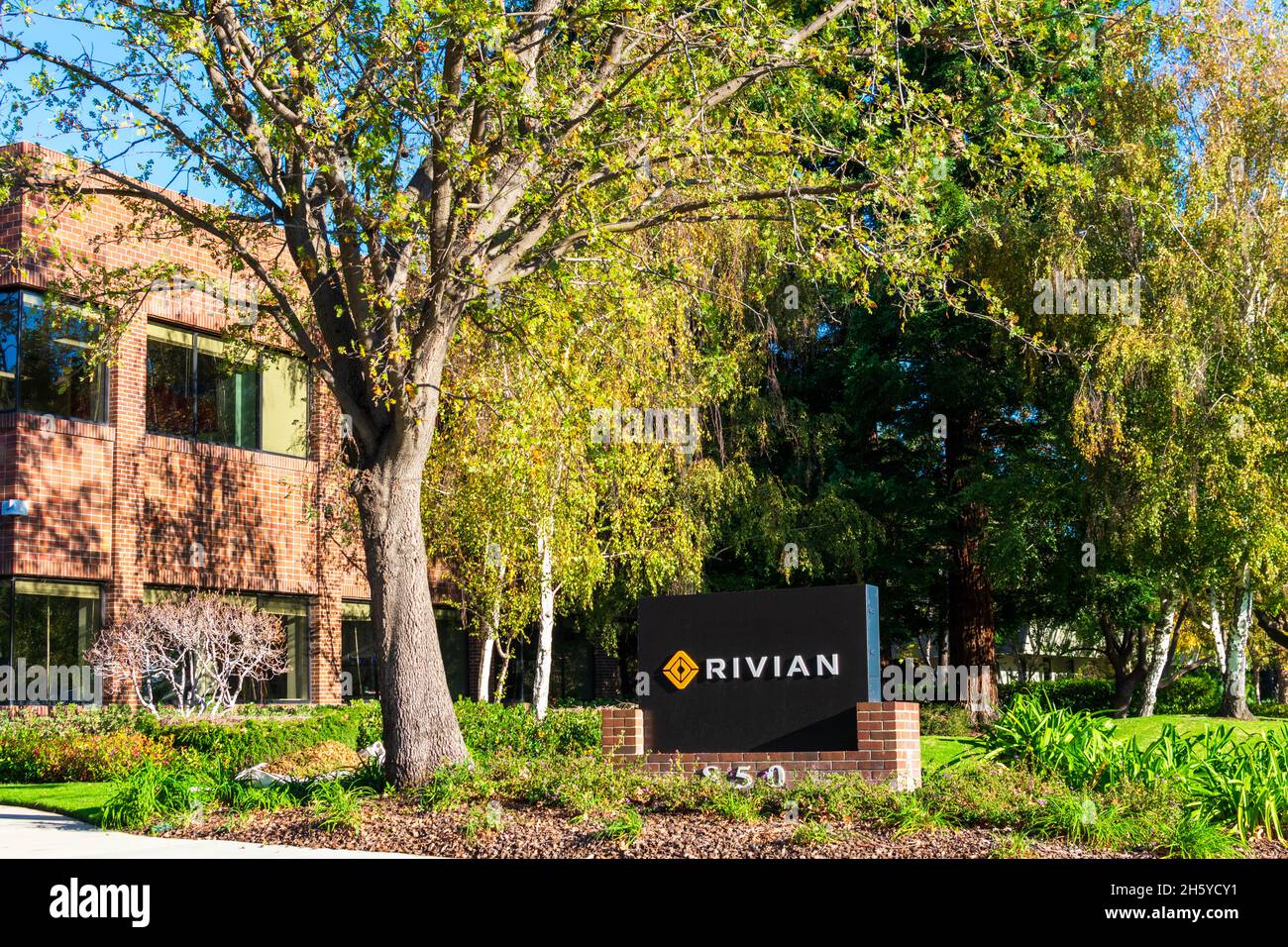 Rivian sign logo at headquarters in Silicon Valley. Rivian is an ...