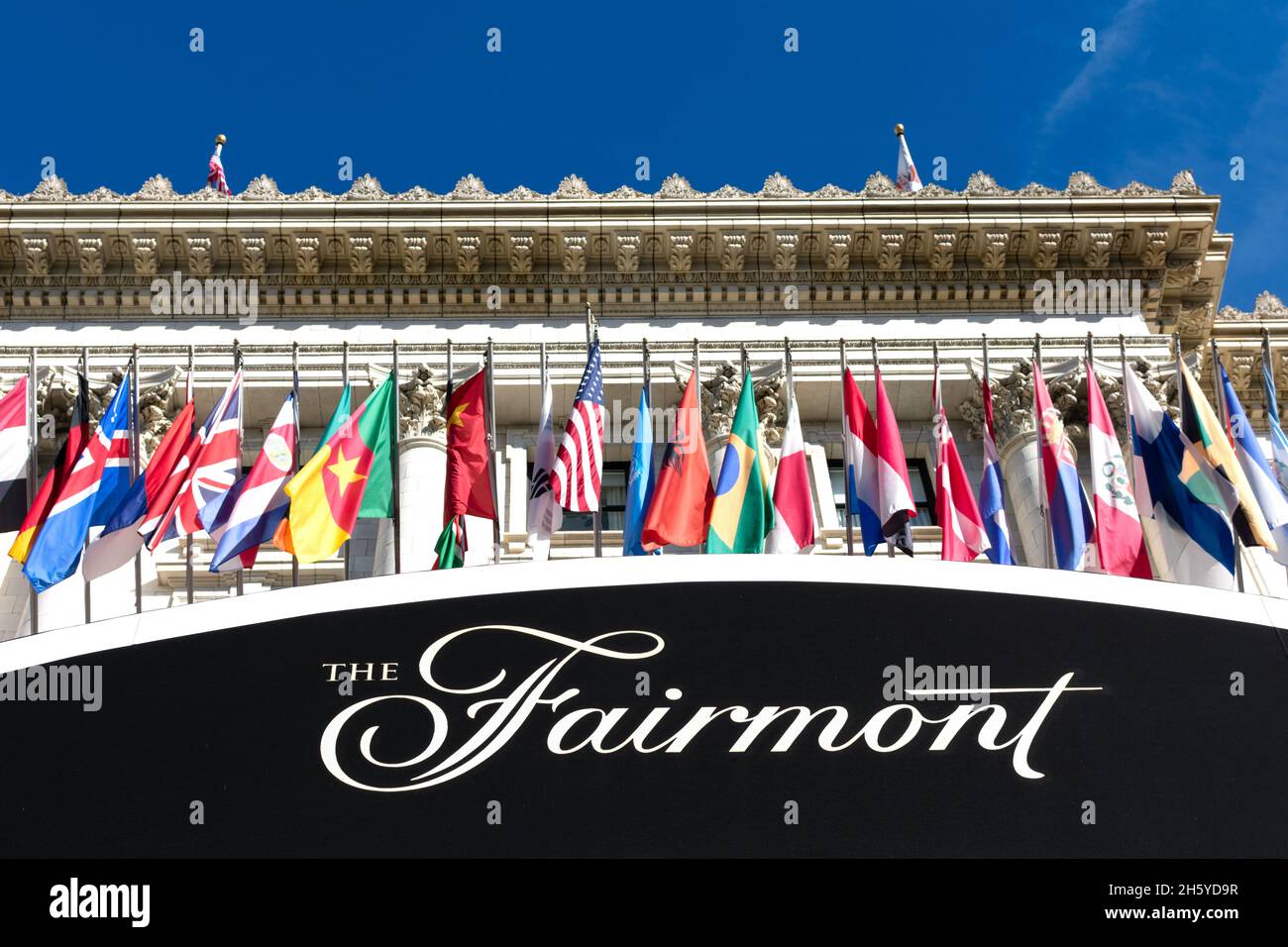 The Fairmont sign above the entrance to the luxury hotel decorated with ...