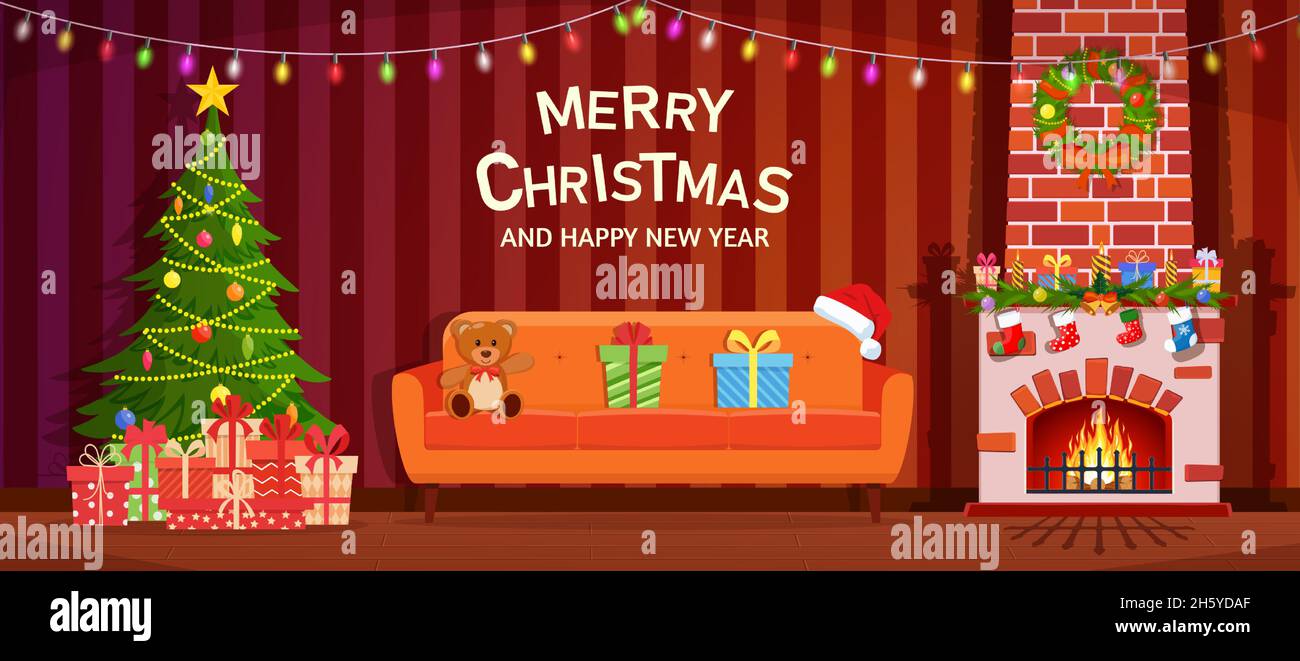 cartoon Christmas fireplace room interior Stock Vector Image & Art - Alamy