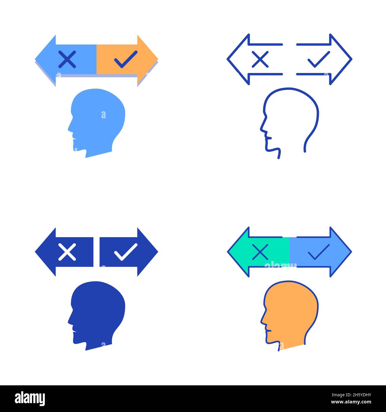 Wrong decision icon set in flat and line style. Human head silhouette ...