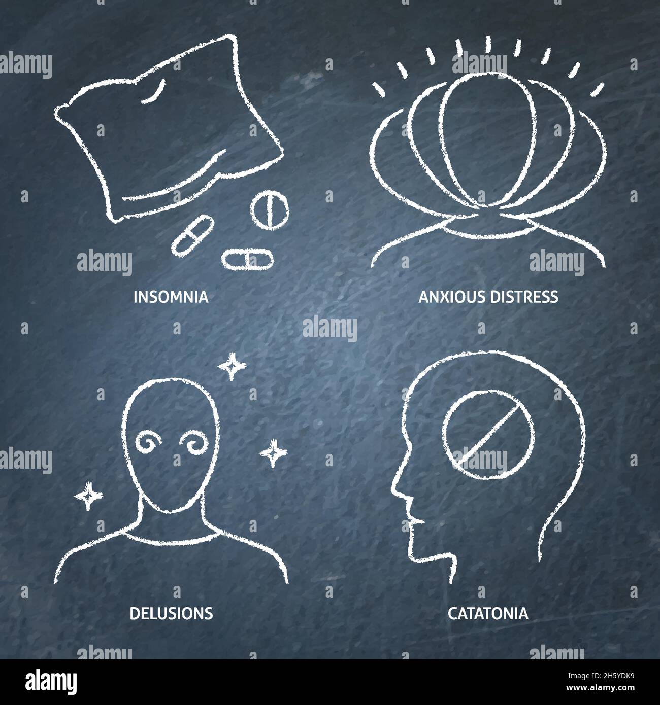 Bipolar disorder, mixed features phase icon set on chalkboard. Vector ...
