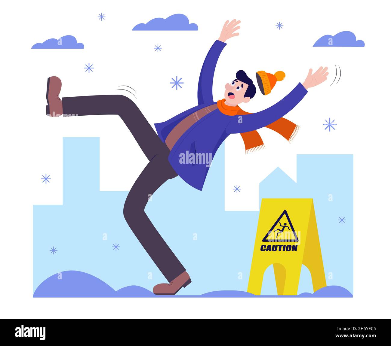 The man slips and falls on the ice. A sign of caution. Vector ...