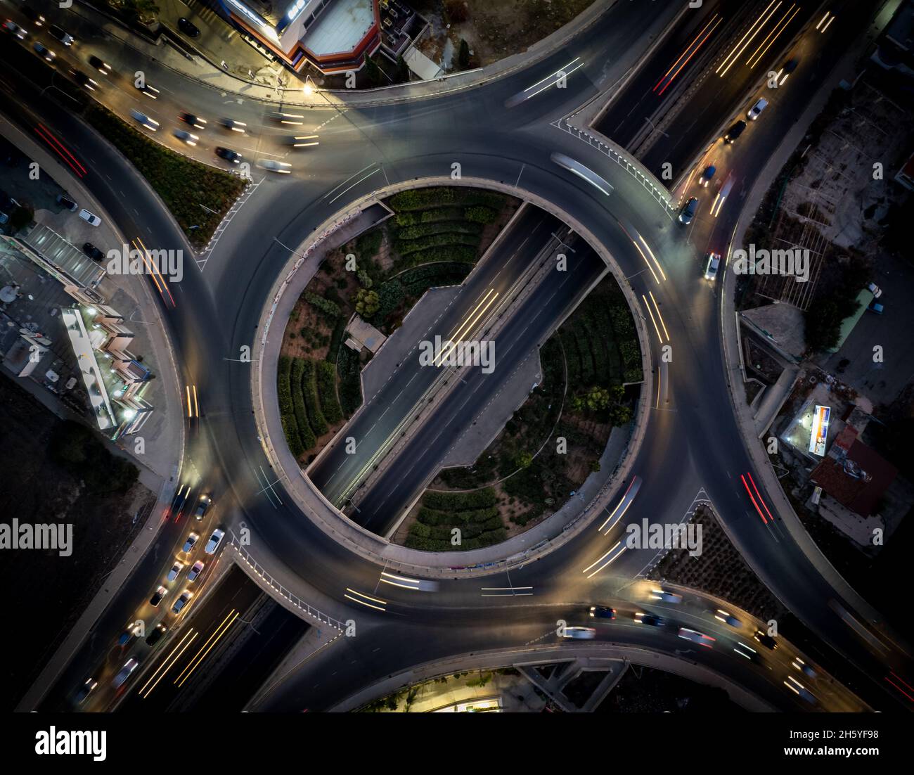 Aerial drone top view of a modern motorway junction roundabout with ...