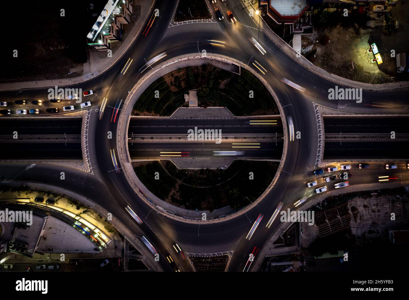 Aerial drone top view of a modern motorway junction roundabout with ...