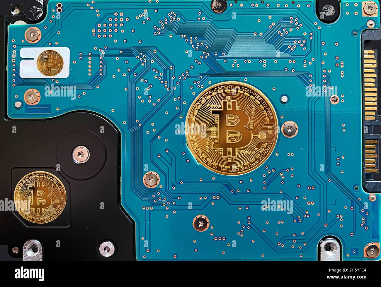 Digital Golden Bitcoin on Hard Disk computer. New technological economy ...