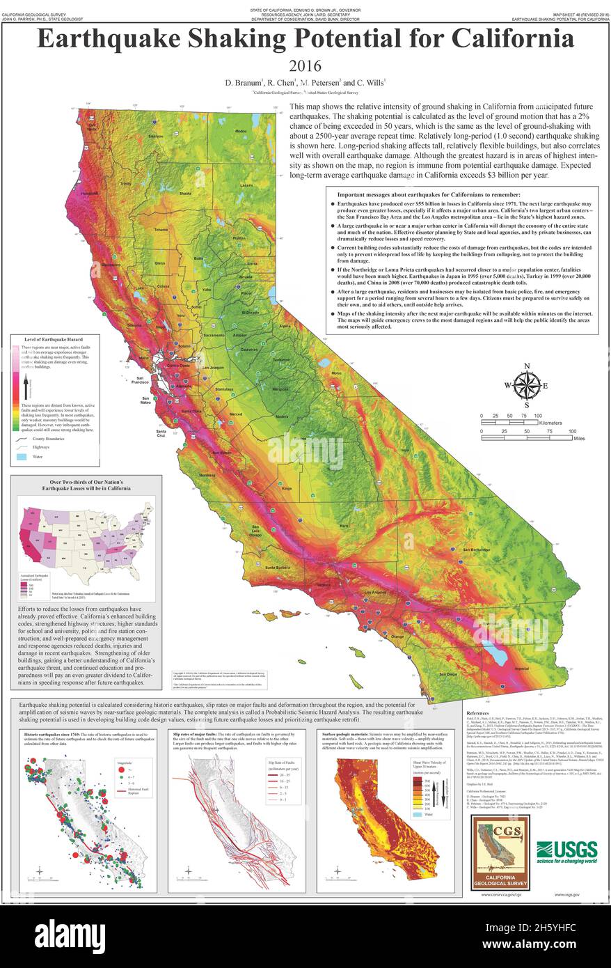 This map shows the relative intensity of ground shaking in California ...
