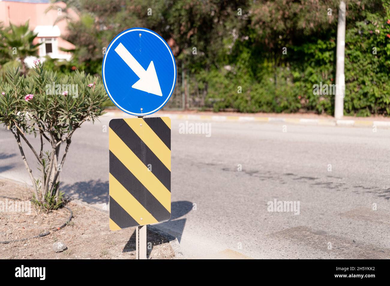 traffic safety signs on city street road. direction movement sign ...