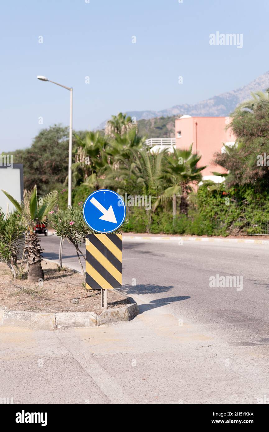 traffic safety signs on city street road. direction movement sign ...