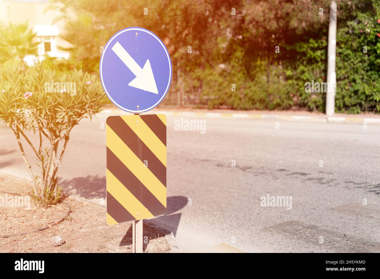 traffic safety signs on city street road. direction movement sign ...