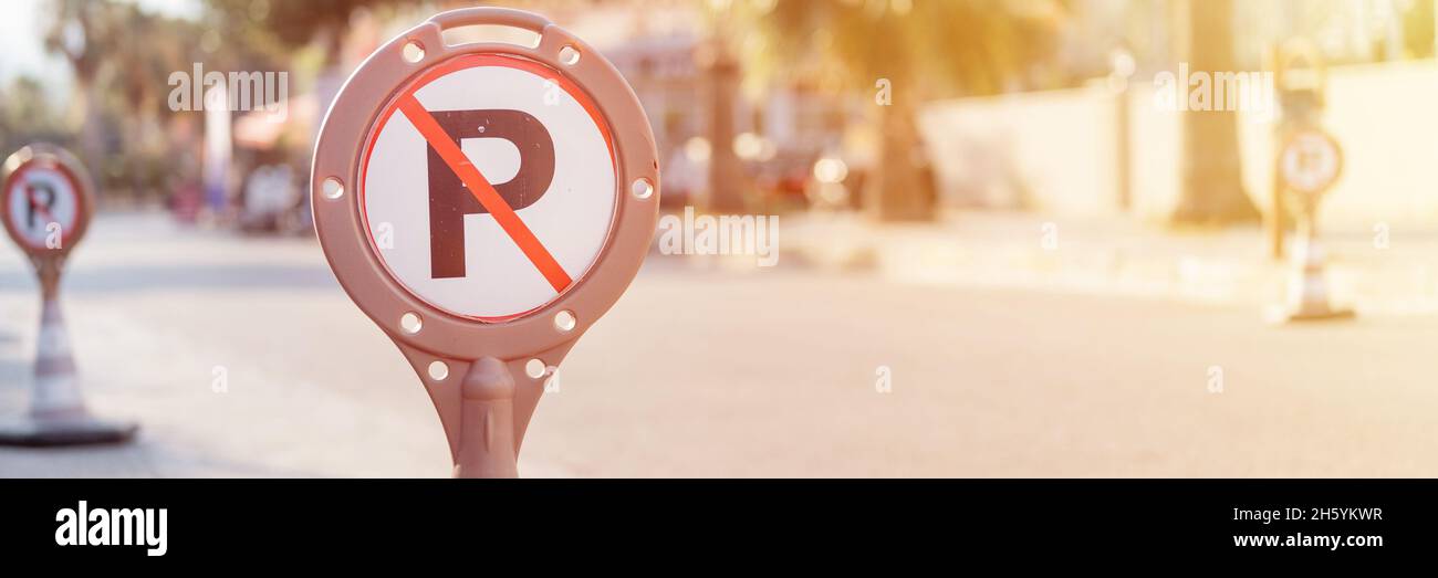 cone warning about a parking ban of automobile and cars. traffic safety ...