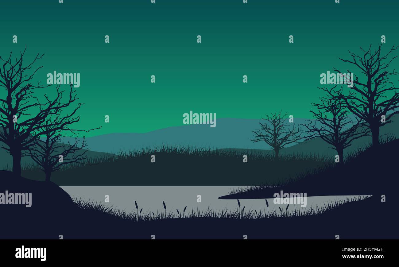 Fantastic views of the mountains from the riverbank at night with the ...