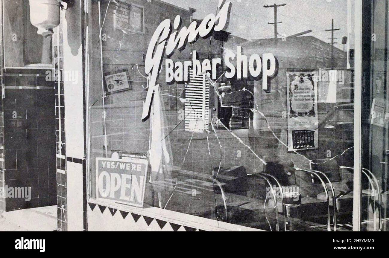 Broken window of Gino's Barber shop in San Francisco during riots in ...
