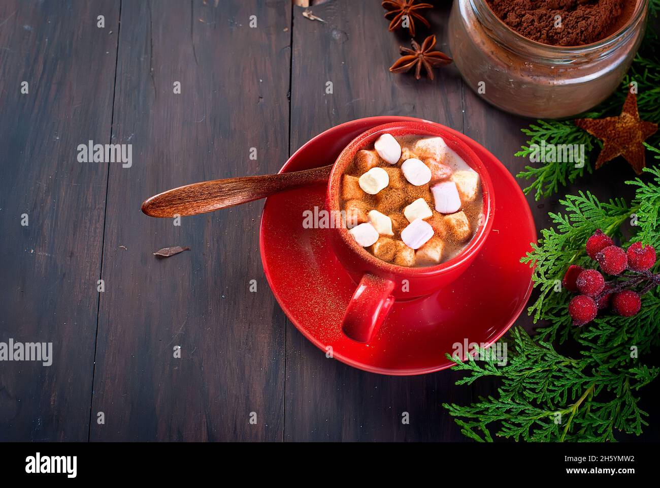 Christmas traditional hot drink cocoa in red cup, cocoa powder in a jar ...