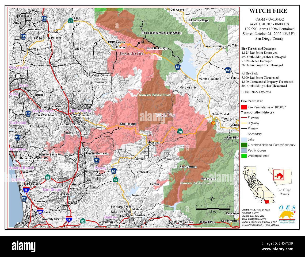 A map of the burn area of the Witch Creek Fire, on October 30, 2007 ...