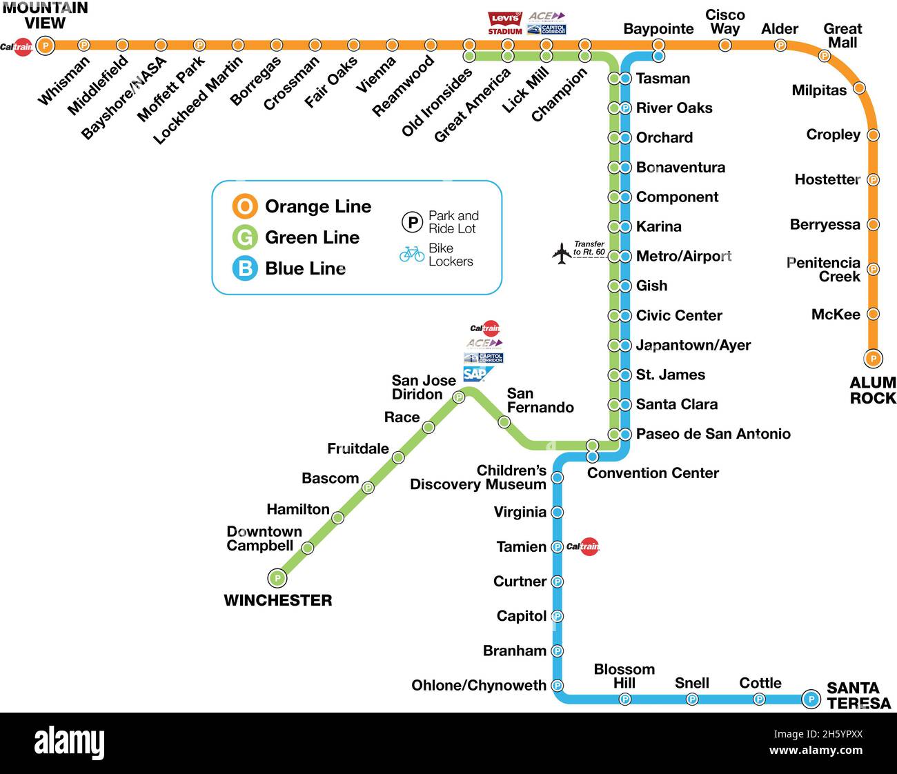 A schematic map of the Santa Clara Valley Transit Authority's light ...