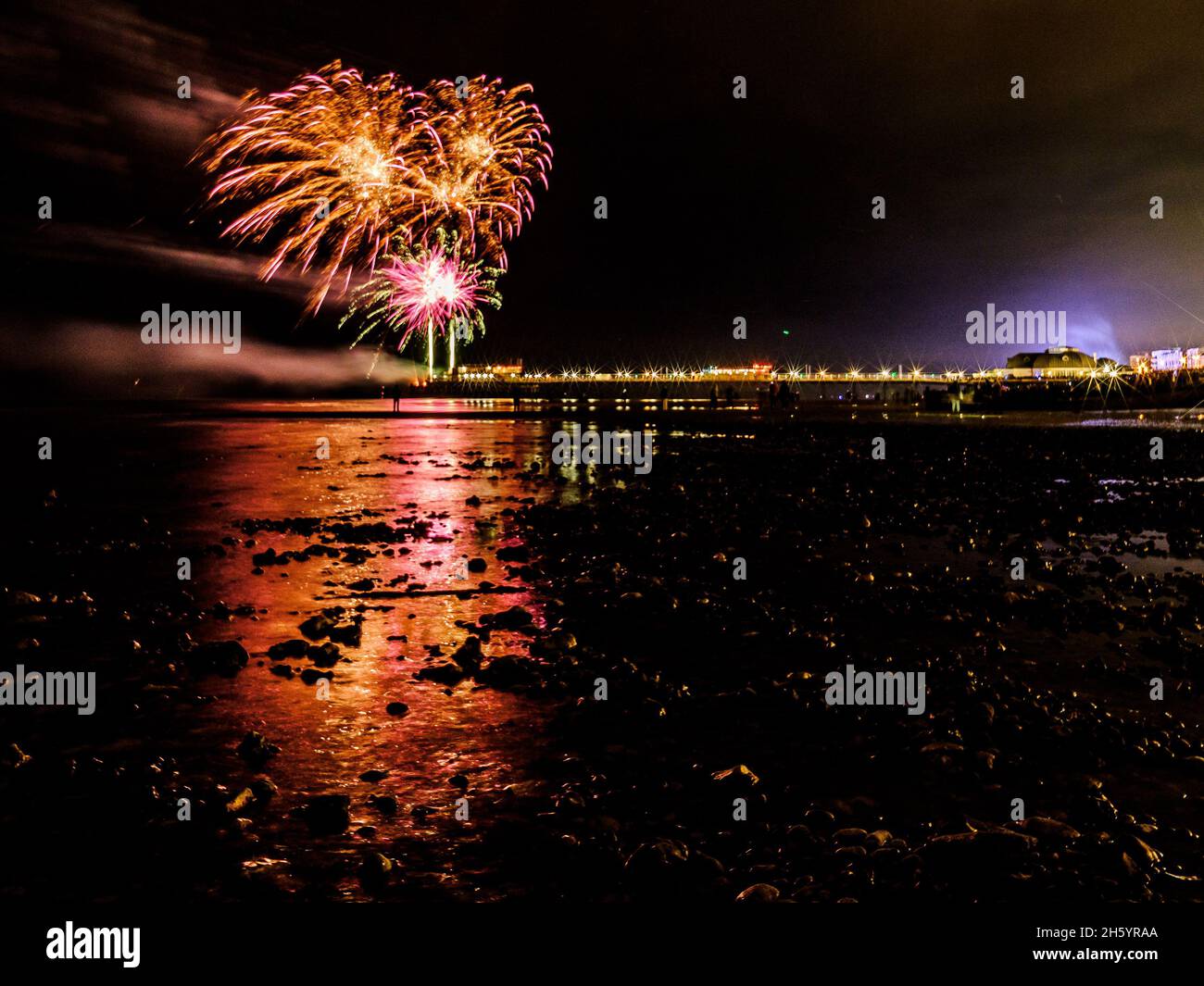 East Beach, Worthing, UK. 5 November 2021. Fireworks are set off of ...