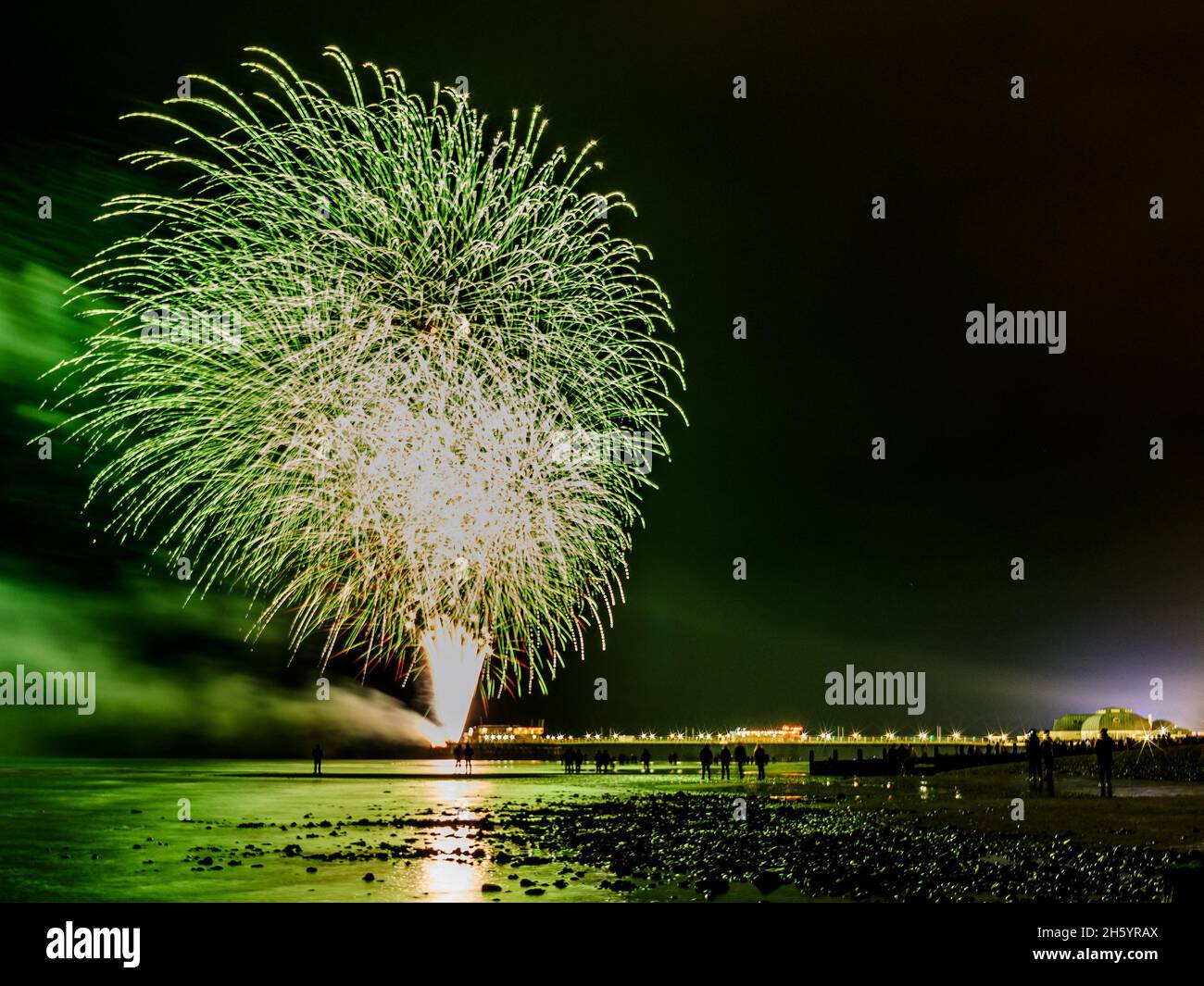 East Beach, Worthing, UK. 5 November 2021. Fireworks are set off of ...