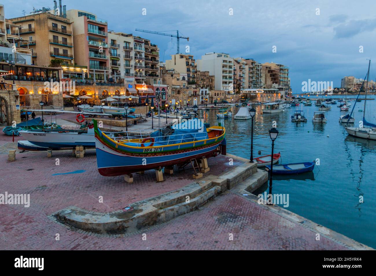 SAN GILJAN, MALTA - NOVEMBER 11, 2017: Boats on Spinola Bay in Malta ...
