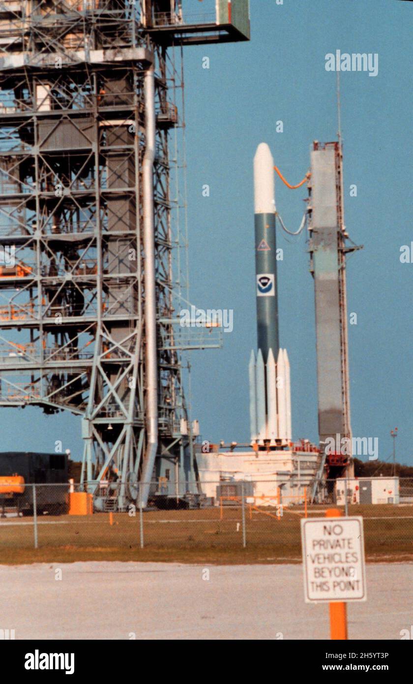 GOES-E ready for launch atop Delta Launch Vehicle 154. ca. May 1981 ...